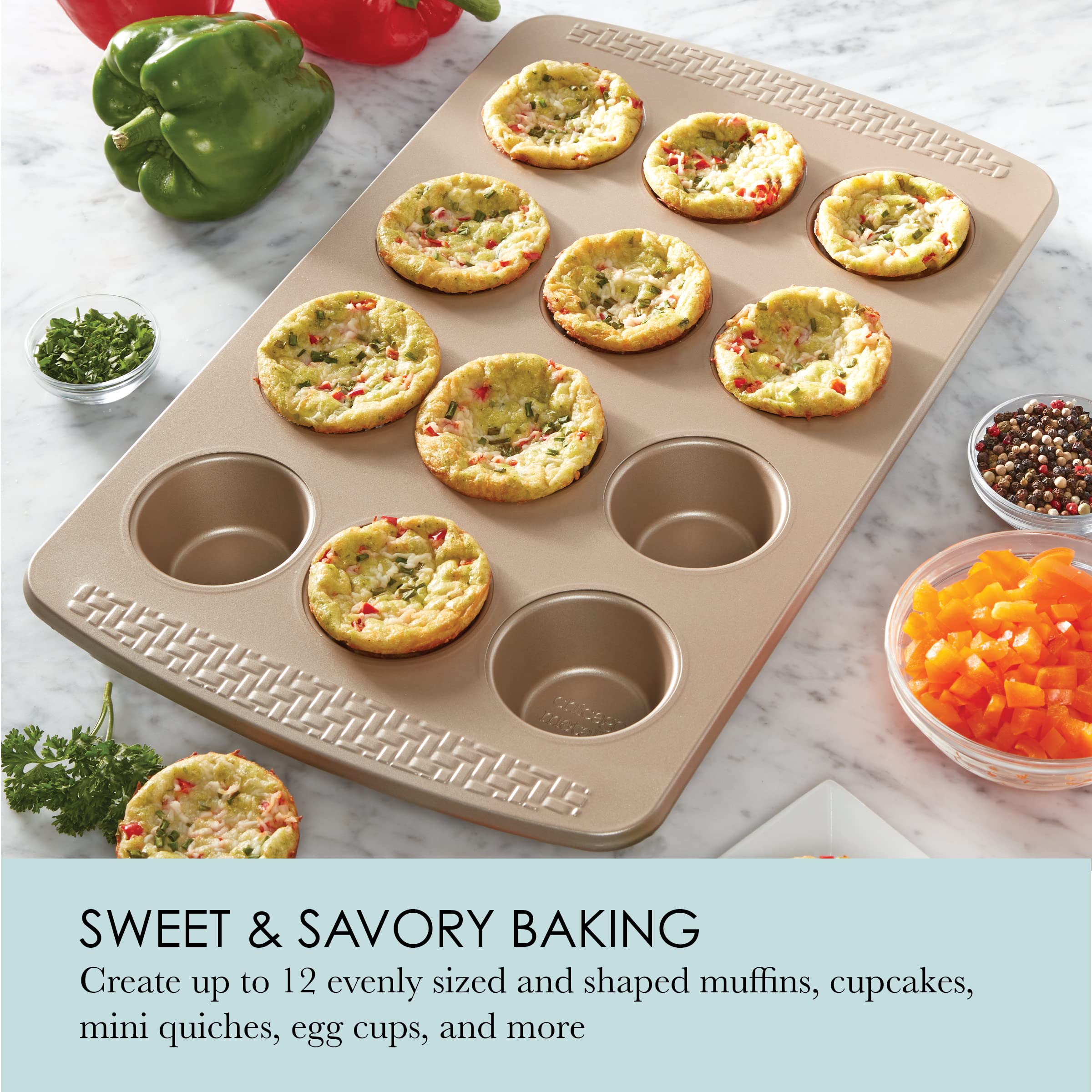 Chicago Metallic Everyday Non-Stick 12 Cup Muffin and Cupcake Pan. Perfect for creating evenly sized muffins, cupcakes, egg cups, and more