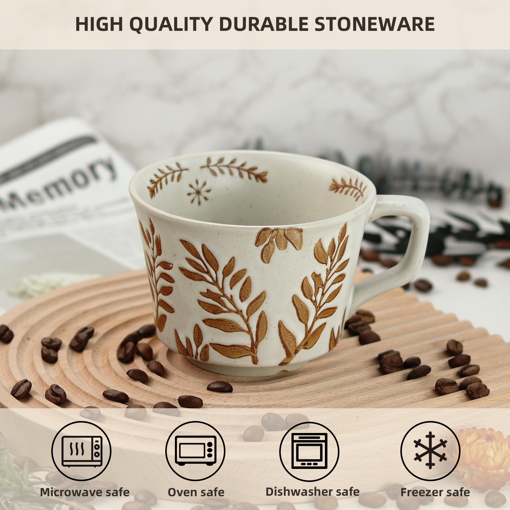 LINVIA Ceramic Coffee Mug, 12 oz Novelty Unique Teacup with Large Handle, Stoneware Cup for Tea Mocha Latte Cappuccino Espresso (Set of 2, Ivy and Leaf)