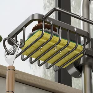 LuLusmoda Kitchen Sink Rack Faucet Sponge Holder Over The Sink Organizer Faucet Rack with Hook,A Free Dish Cloth Note:Round Pipe with Diameter 0.7-1.1 Inchs Can Be Used(Aluminum,Double,Elegant Gray