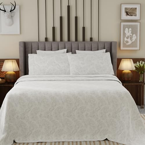 Color Sense Hotel Percale Cotton Rich Sheets, Gray Paisely Full Size Bed Sheet, Wrinkle-Resistant, Brushed for Extra Softness, Luxury Bed Sheets Full, Elasticized Deep Pocket Bedding Set