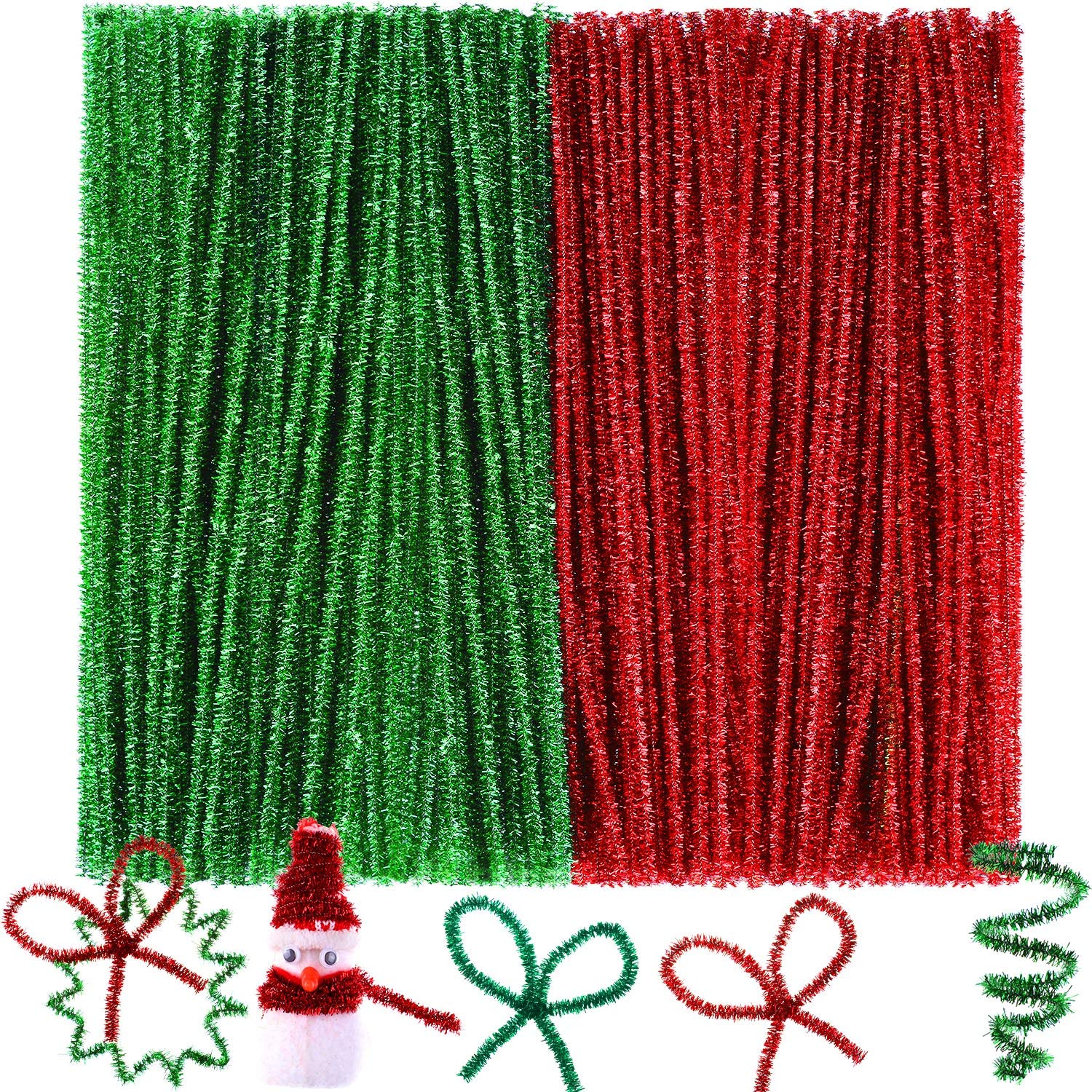 WILLBOND 300 Pieces Christmas Pipe Cleaners 12 Inches Glitter Pipe Cleaners Craft Red Green Pipe Cleaners Colorful Chenille Stems for Xmas DIY Arts Christmas Crafts Decoration