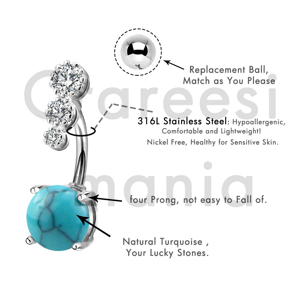 CM Crareesi Mania Turquoise Stone 14g Fashion Piercing Belly Button Rings Navel Piercing Rings Belly Button Jewelry