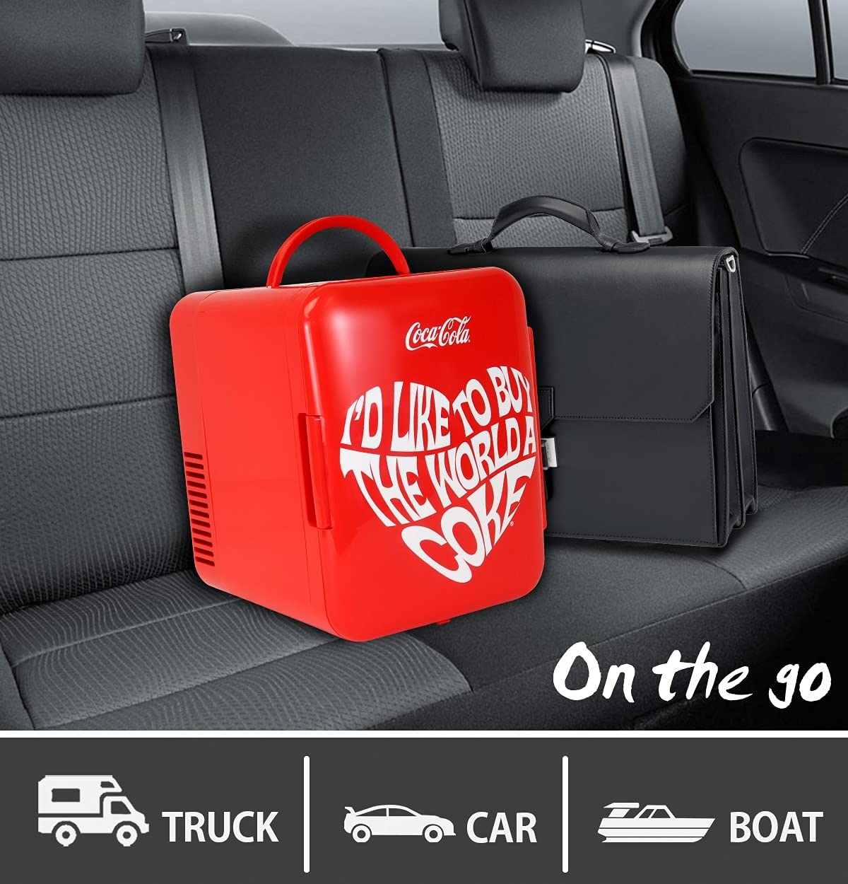 Coca Cola World 1971 Series Portable 6 Can Thermoelectric Mini Fridge Cooler/Warmer, 4 L/4.2 Quarts Capacity, 12V DC/240V AC for Home, Dorm, car, Boat, Beverages, Snacks, Skincare, Cosmetics