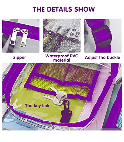 MCWTH Clear Backpack Heavy Duty PVC Plastic Transparent Backpacks School College Bookbag (Purple)