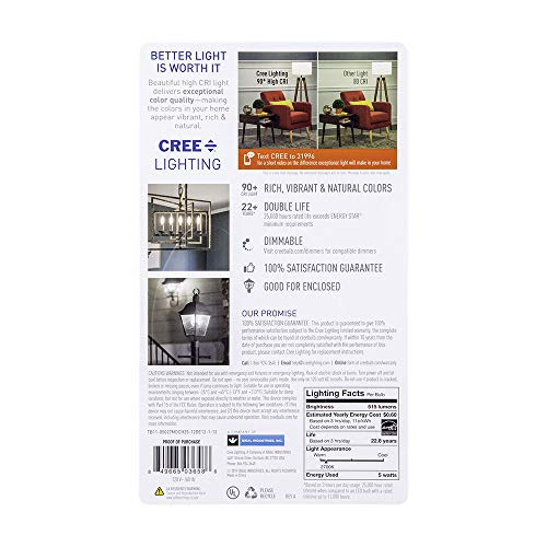 Cree Lighting B11 Clear Glass Filament Candelabra 60W Equivalent LED Bulb, 500 lumens, Dimmable, Soft White 2700K, 25,000 Hour Rated Life, 90+ CRI, Good for Enclosed | 2-Pack