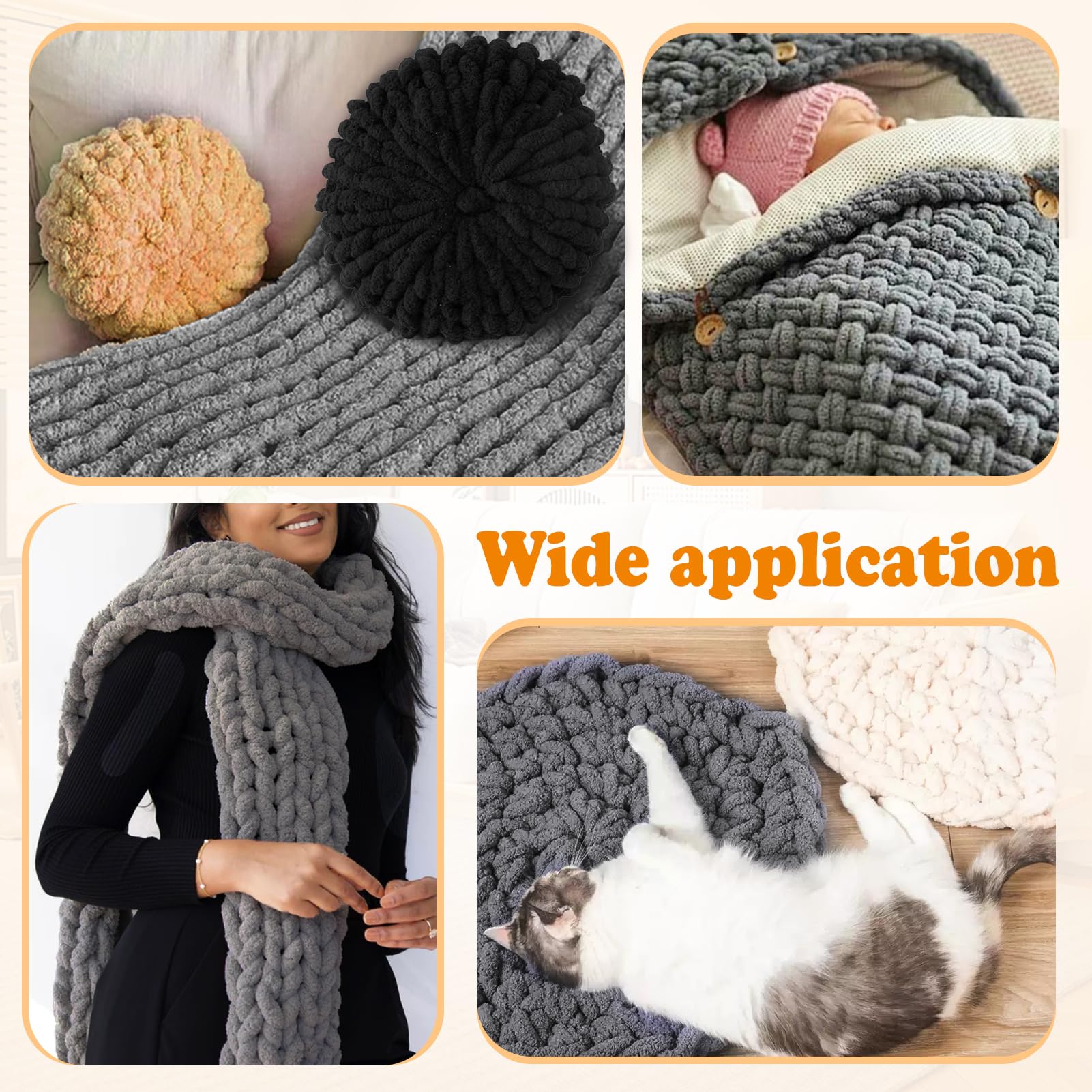Chunky Chenille Yarn - 3 Pack Fluffy Thick Chenille Yarn for Crocheting Blankets, Jumbo Chunky Yarn for Hand Knitting DIY Crafts and Projects in Black - Super Soft, Total 78 yards