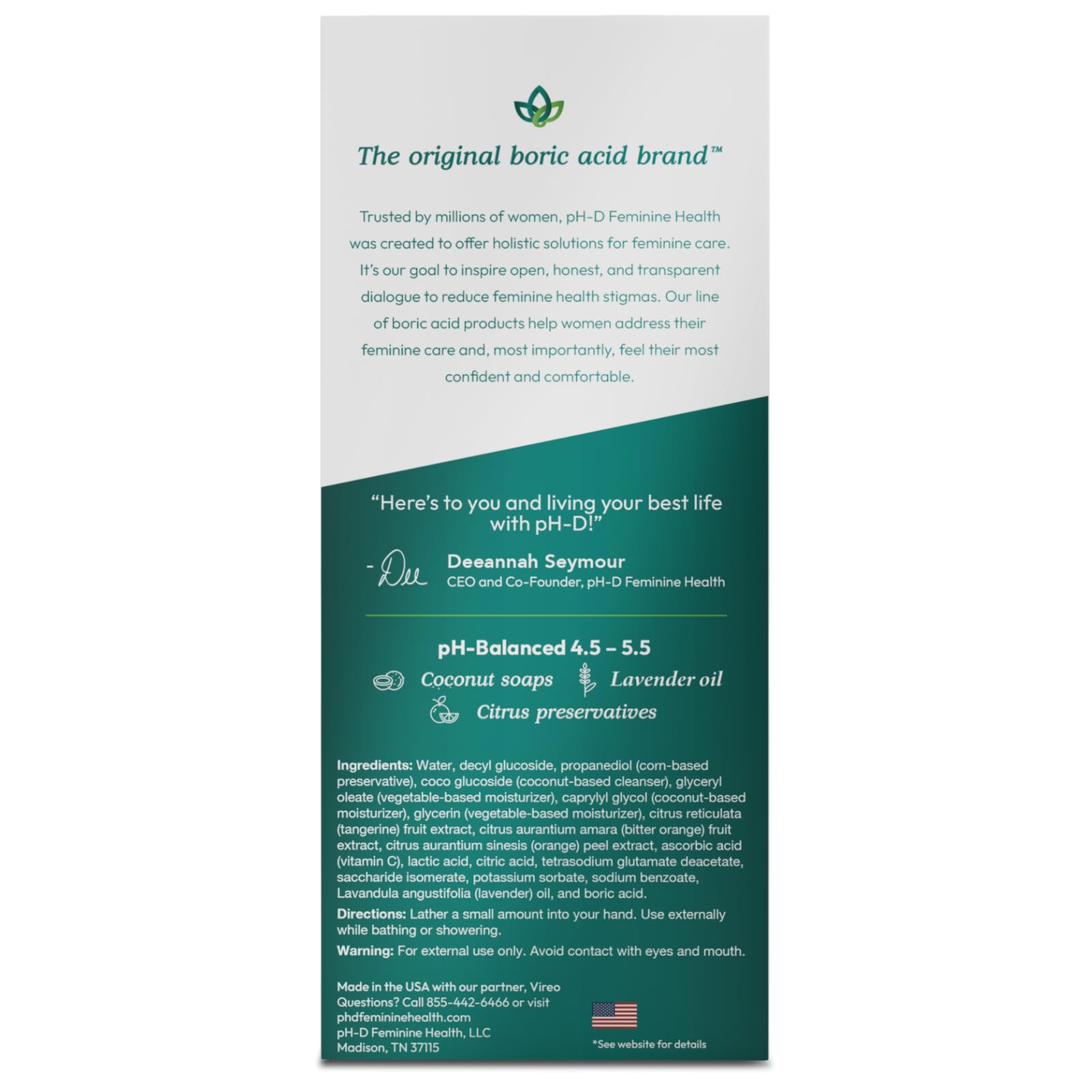 pH-D Feminine Health - Boric Acid Foam Wash - pH-Balanced, Paraben-Free, and Plant-based (Sensitive, 6 Fl Oz (Pack of 1))