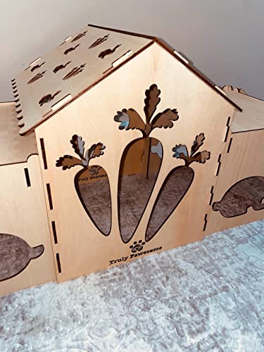 Indoor Bunny Rabbit Castle, Hideout and Wooden House Playset with Ramps, Hay Feeder & Waste Tray