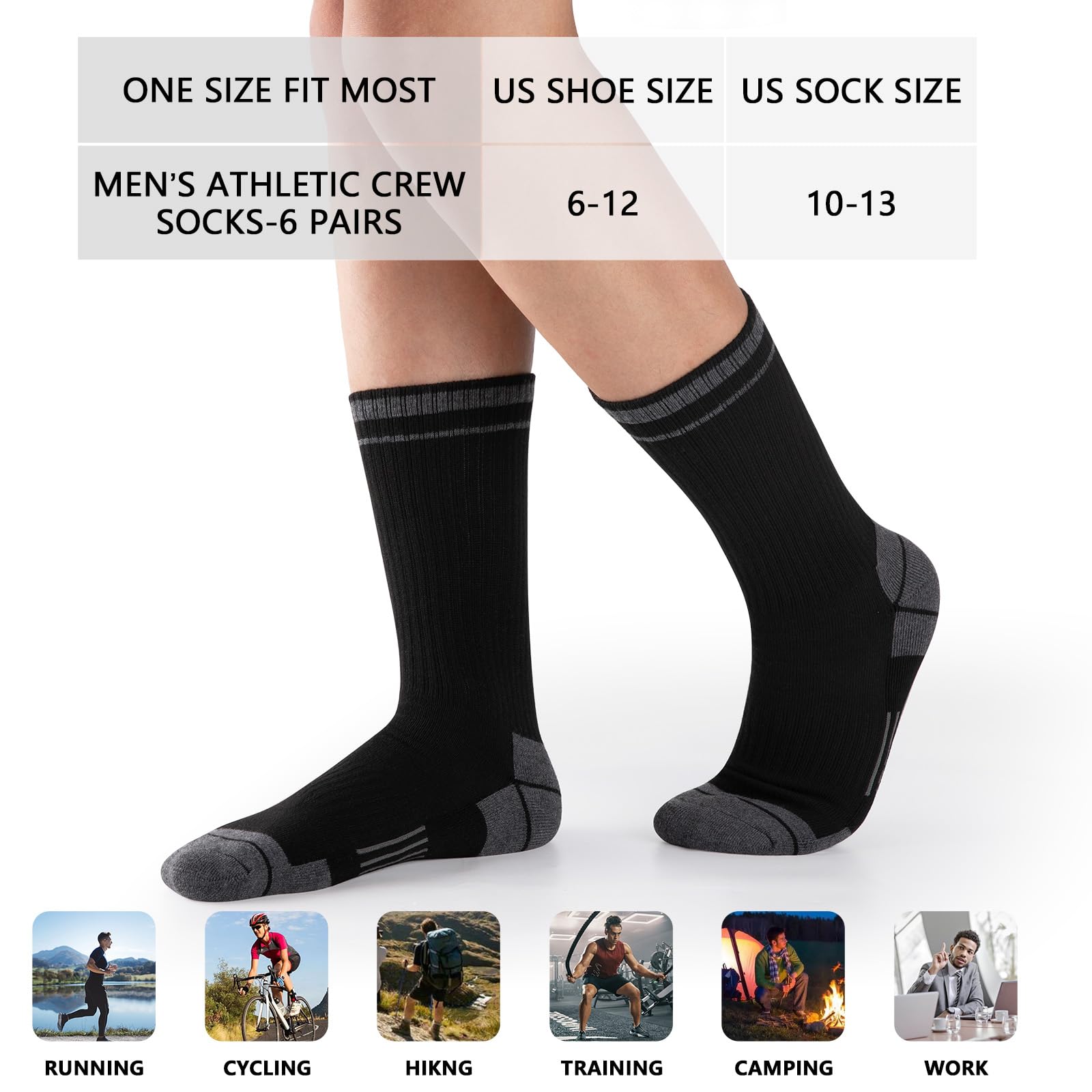 COOPLUS Mens Crew Socks for Athletic Work Running, Max Cushioned Boot Calf Sock for Cold Weather (6 Pairs)