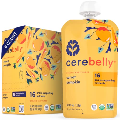 Cerebelly Baby Food Pouches ā Organic Carrot Pumpkin (4 oz, Pack of 6) - Toddler Snacks - 16 Brain-supporting Nutrients, Healthy Snacks, Made with Gluten-Free Ingredients, No Added Sugar