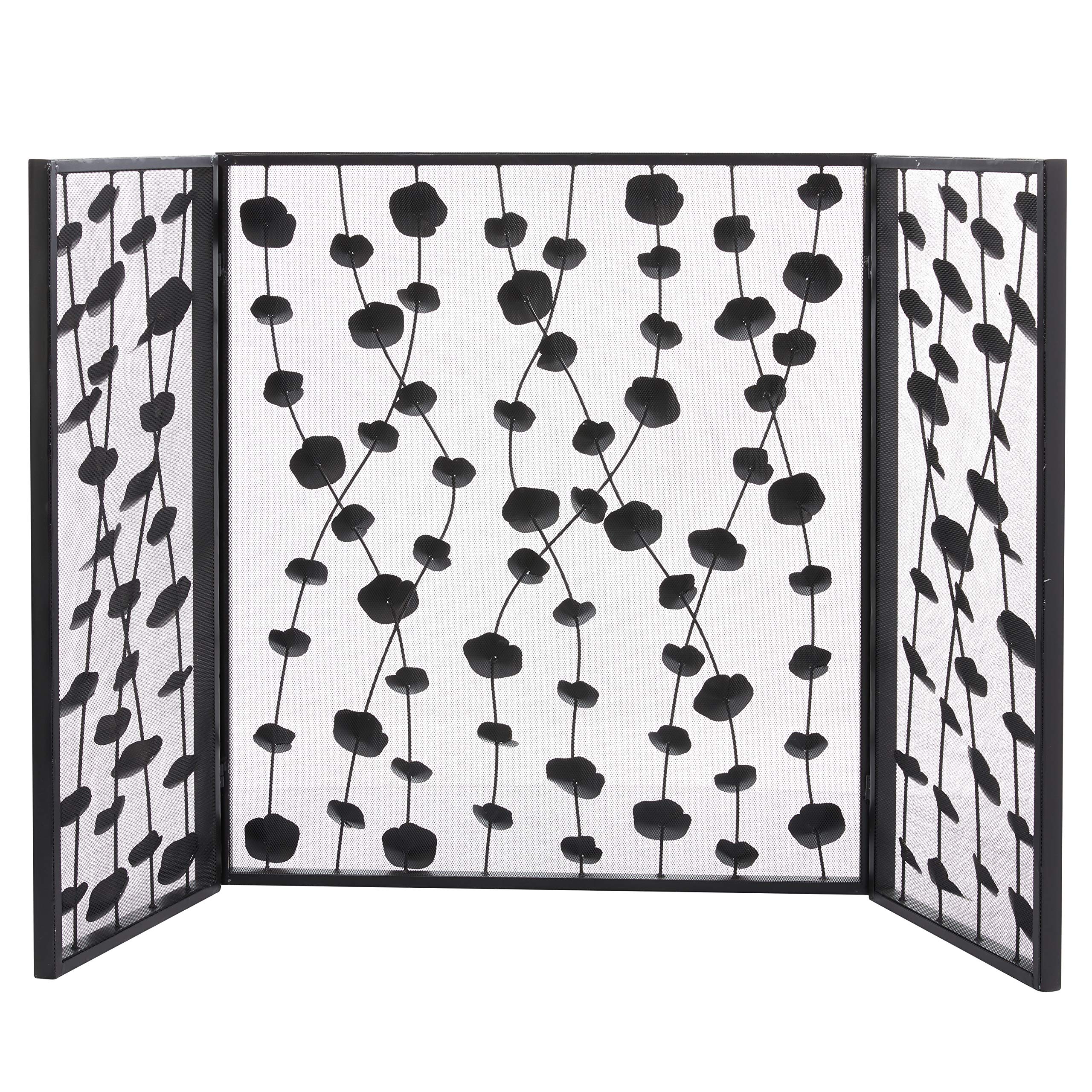 Deco 79 Metal Floral Foldable Mesh Netting 3 Panel Fireplace Screen with 3D Floral on Vines, 56" x 1" x 32", Gold