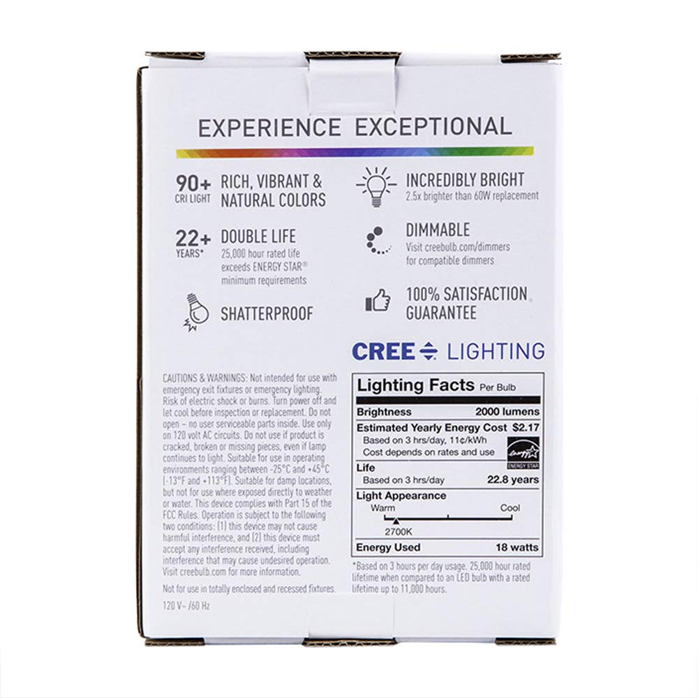 Cree Lighting, TA21-20027MDFH25-12DE26-1-11006S-T, A21 125W Equivalent LED Bulb, 2000 lumens, Dimmable, Soft White 2700K, 25,000 Hour Rated Life, 90+ CRI | 4-Pack