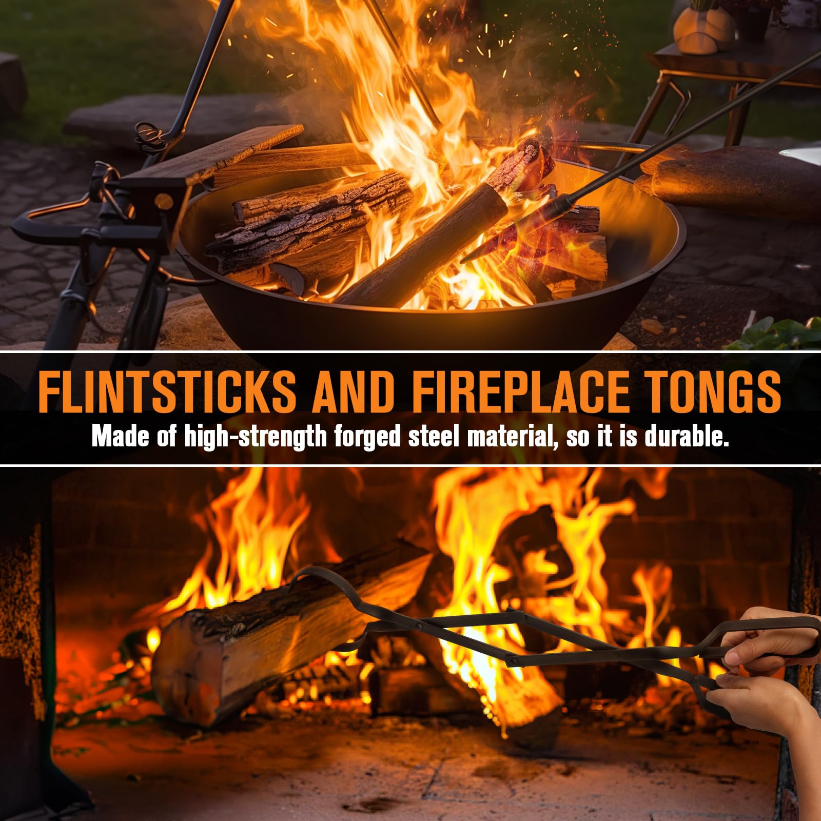 Firewood Carrier + Fire Poker + Fireplace Tongs - Fire Pit Tools for Indoor and Outdoor Use, Log Carrier for Firewood, 32 Inch Fire Poker, 26 Inch Fire Tongs, Fireplace Tools