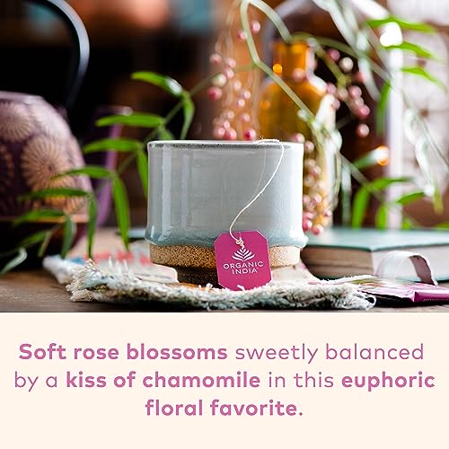 Organic India Tulsi Sweet Rose Herbal Tea - Holy Basil, Stress Relieving & Magical, Immune Support, Adaptogen, Vegan, USDA Certified Organic, Non-GMO, Caffeine-Free - 18 Infusion Bags, 6 Pack