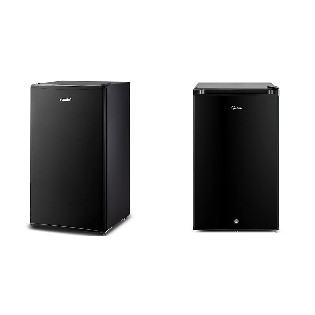 COMFEE' CRM33S3ABB 3.3 CuFt mini fridge Singel Door small Fridge for Bedroom Office Garage Studio Dorm, mini Refrigerator Black & Midea MRU03M2ABB Upright Freezer Large Black, 3.0 Cubic Feet