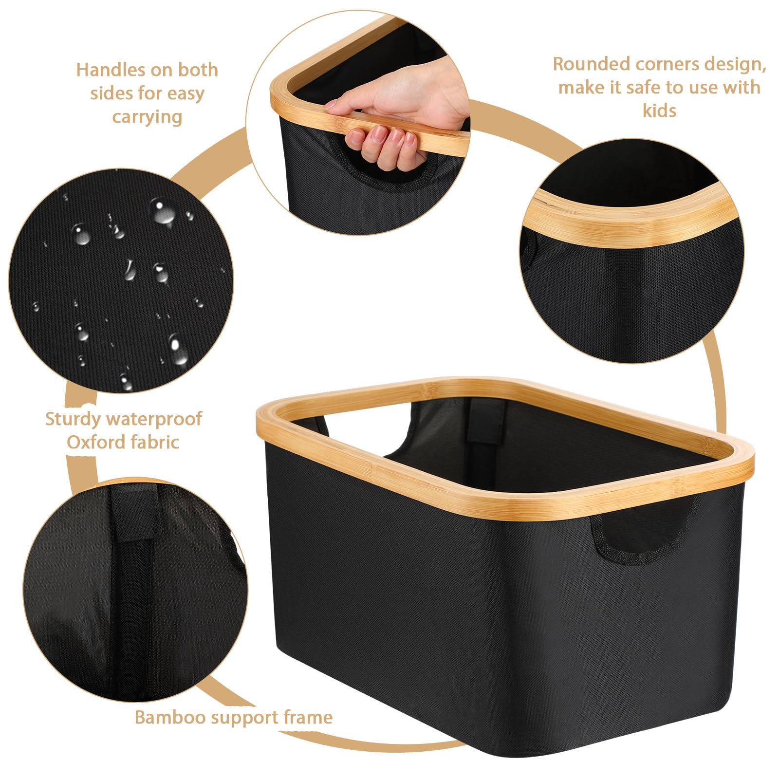 Hushee 4 Pack Black Collapsible Storage Baskets Bins Foldable Fabric Storage Bins with Bamboo Handle for Organizing Shelves Closet Bedroom Blankets Toys Storage Organizer Containers, 15"x10.3"x7.9"