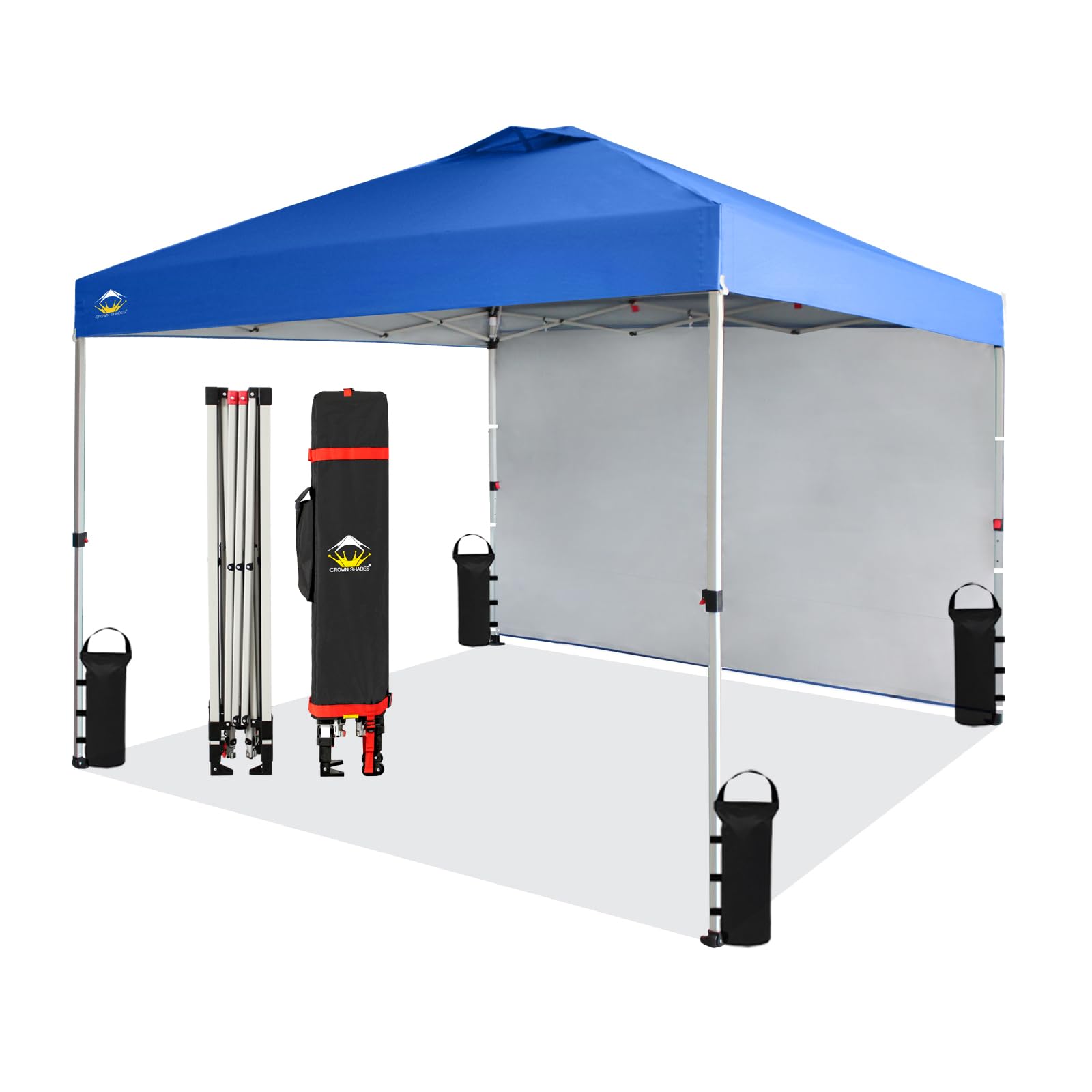 CROWN SHADES Canopy Tent, 10 x 10 Foot Portable Pop Up Outdoor Gazebo with 1 Sidewall, Easy 1 Push Center Lock, UV Protection, and Carry Bag, Blue
