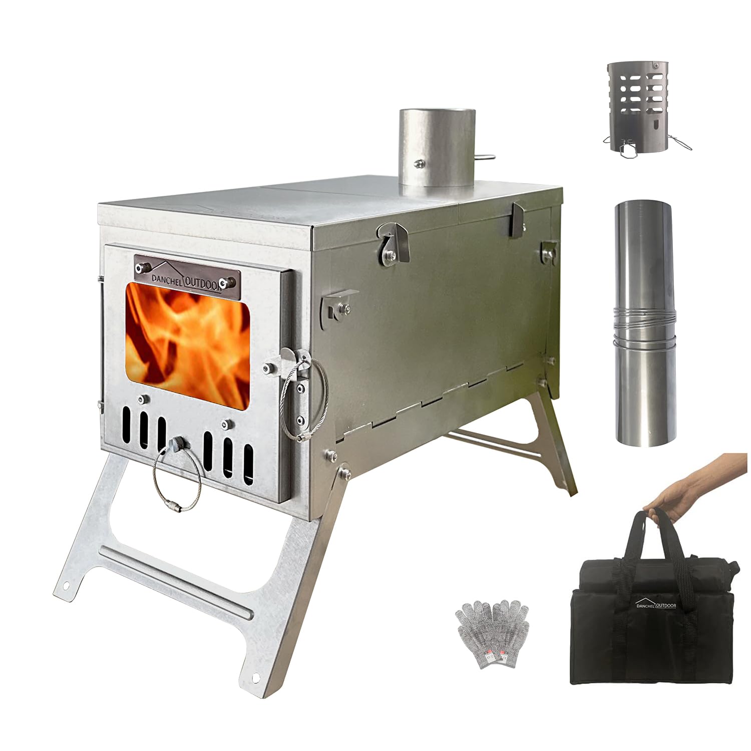 DANCHEL OUTDOOR T6 TA1 Titanium Wood Burning Stove Portable 4.4lbs, Folding Camping Tent Stove Lightweight Small Hot Tent Stove 7.2ft Chimney Backpacking
