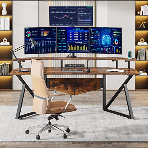 LITTLE TREE 70.9" Large Computer Desk Home Office Desk Wing-Shaped Gaming Studio Desk, Rustic Brown