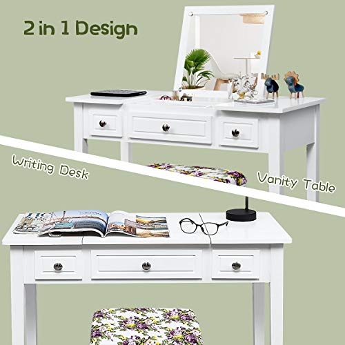 CHARMAID Makeup Vanity Desk with Flip Top Mirror and 3 Drawers, 7 Storage Compartments, White Writing Desk Dressing Table Vanity Set with Cushioned Stool for Kids Girls Women, Easy Assembly