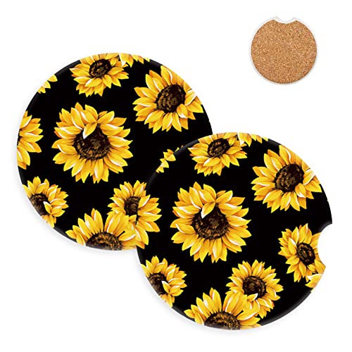 Sunflower Car Coasters for Drinks Absorbent with Cork, Cute Ceramic Car Coasters Set of 2 with A Finger Notch for Easy Removal,Auto Accessories for Women & Men