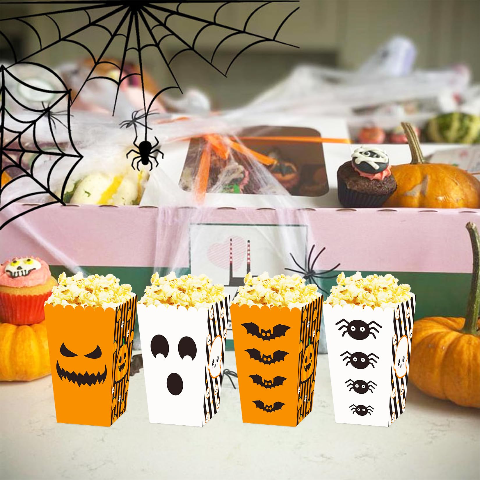 KOWLOON 24PCS Popcorn Paper Boxes Halloween Popcorn Boxes,Ghost Bat Disposable Popcorn Containers for Halloween Party Favor,Pumpkin Snack Treat Boxes Candy Cookie Container Gifts for Kids