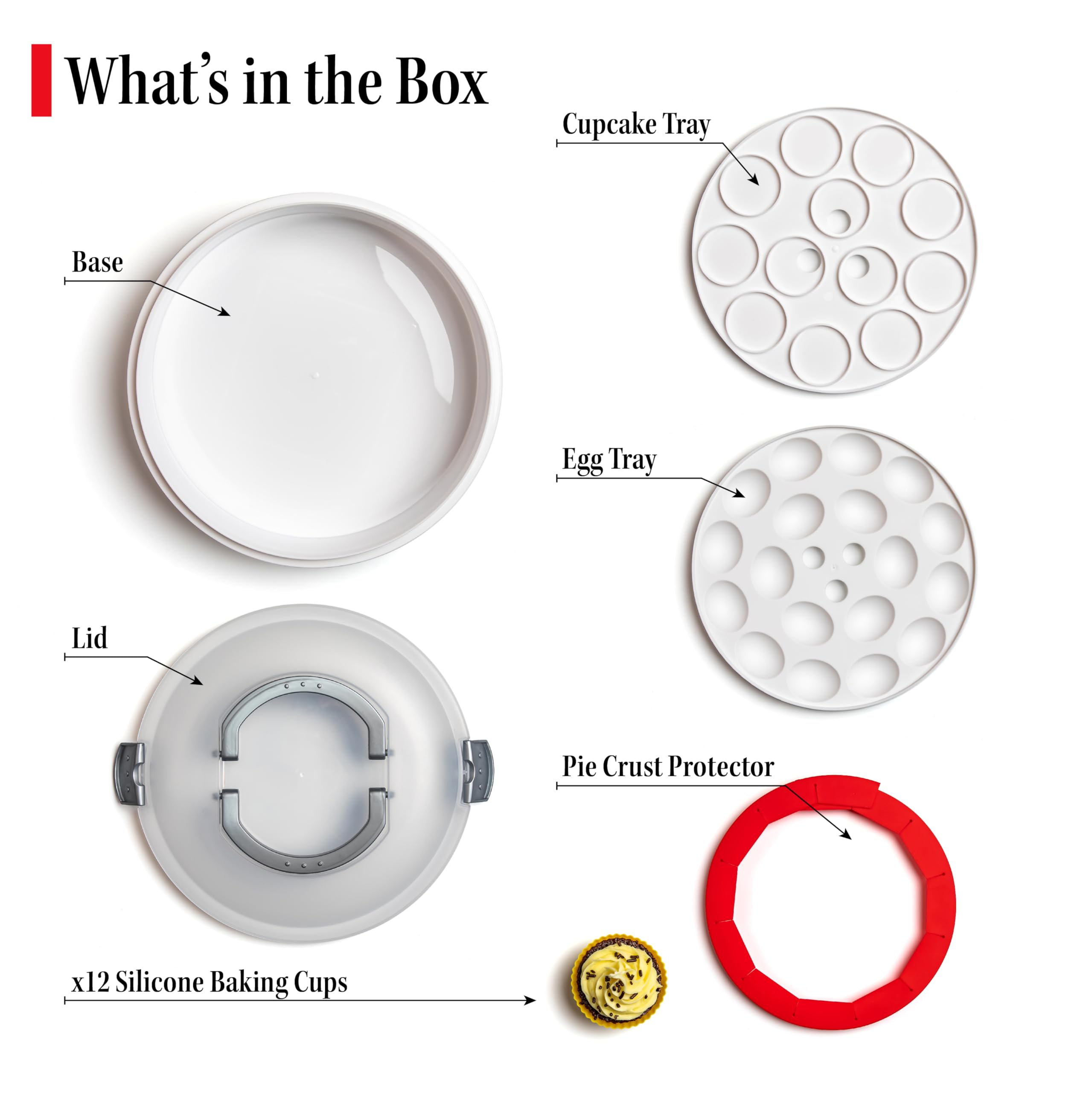 Lotus Fine Goods Premium 4 in 1 Cupcake Carrier with Lid - Cupcake, Deviled Egg, Pie & Cake Container - Includes Pie Crust Shield & 12 Silicone Baking Cups
