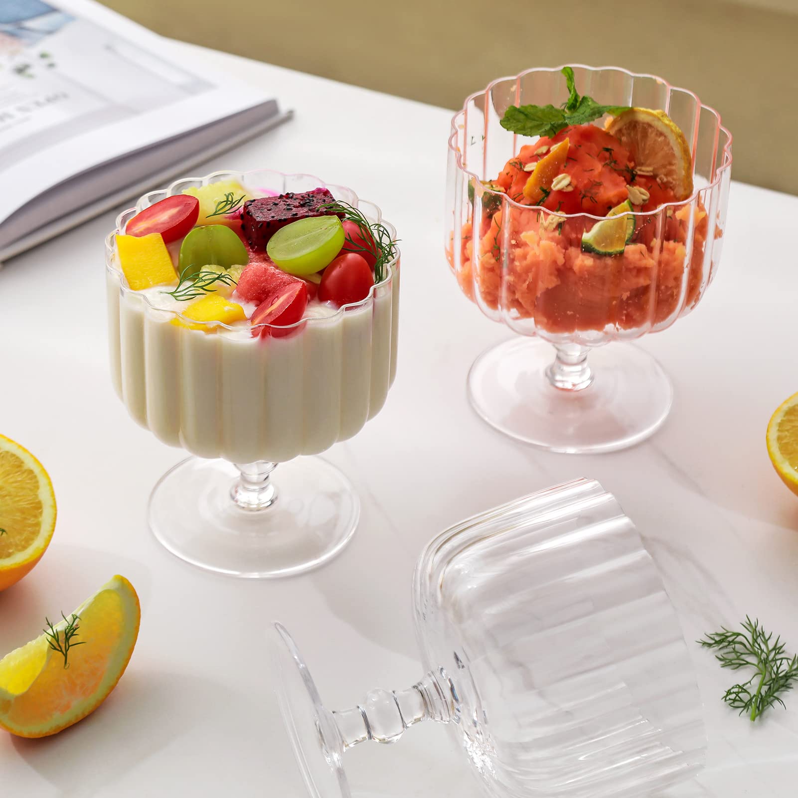 G Ribbed Dessert Bowl 18 oz set of 4 Ice Cream Bowls Large Serving Sundae Fruit Salad Pudding Snack Smoothie Trifle Cereal Nuts Yogurt