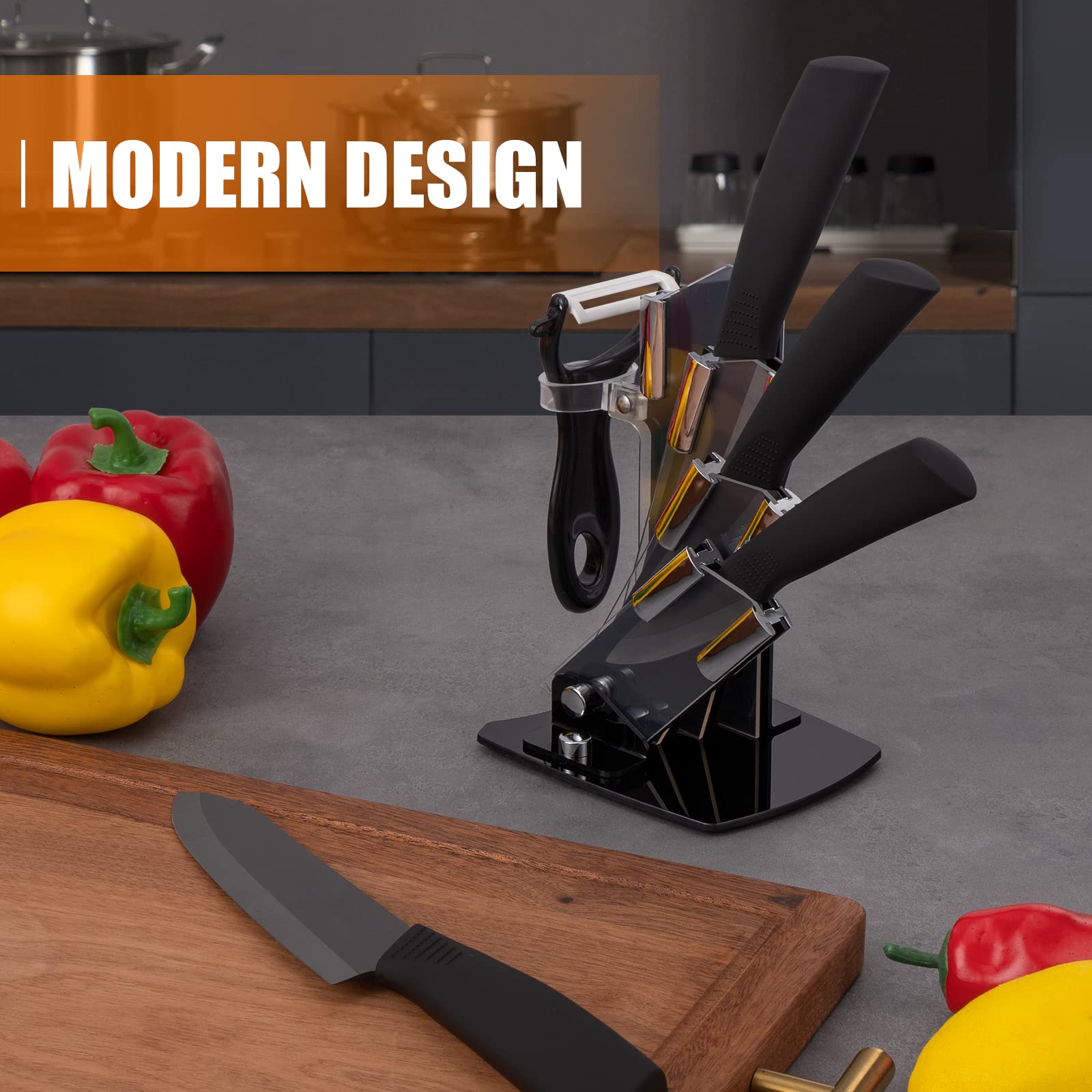 CHUYIREN Ceramic Knife Set, Ceramic Knives with Block, Ultra Sharp Rust Proof Stain Resistant knife with Ergonomic Anti-slip Handle, 5 Pcs, Black