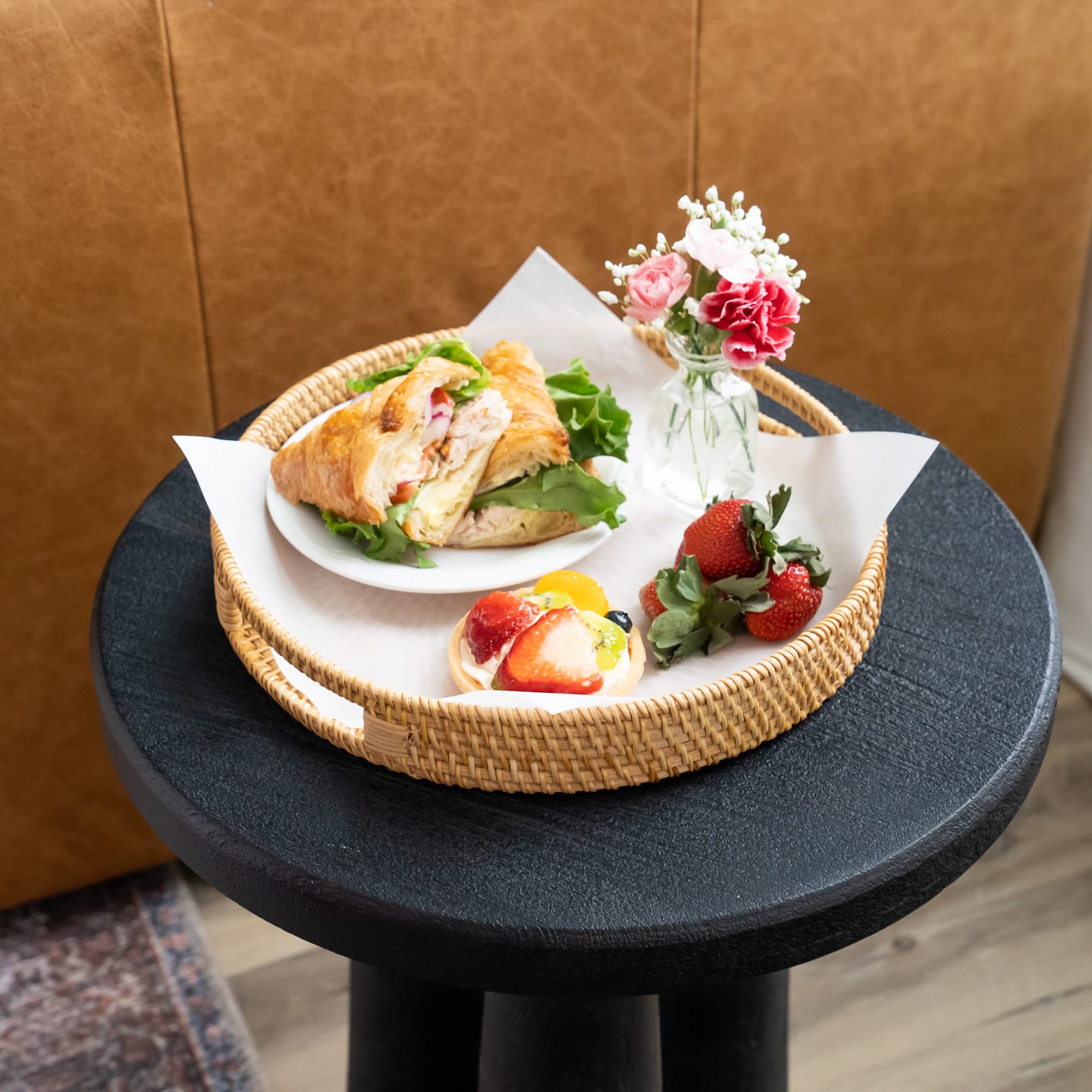 Handwoven 12.6" Large Round Rattan Serving Tray with Handles & Drink Coasters β Decorative Coffee Table Ottoman Woven Wicker Fruit Basket β Boho Circular Living Room Home Decor