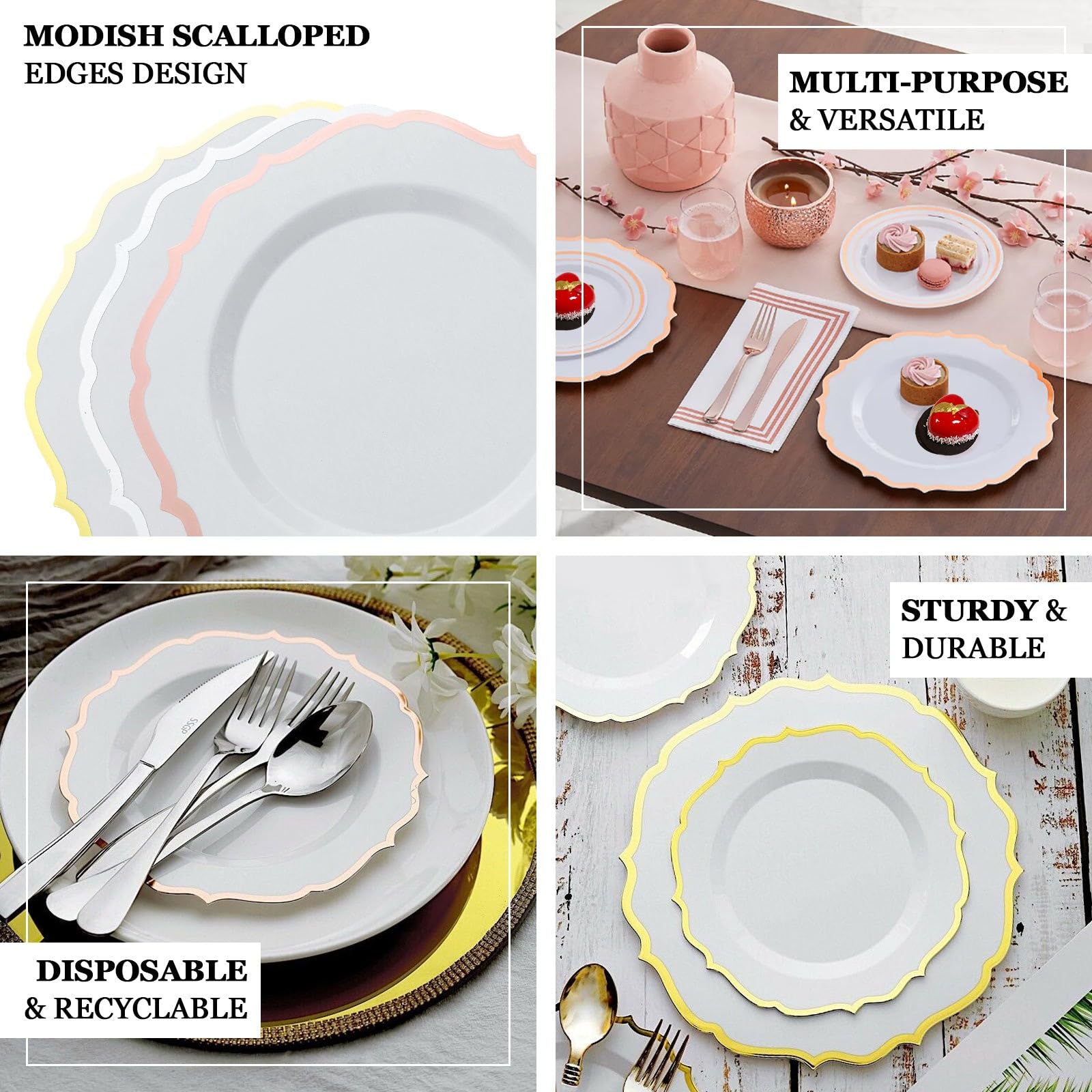 Efavormart 10 Pack | 10" Sage Green Plastic Dinner Plates Disposable Tableware Round With Gold Scalloped Rim for Wedding, Outdoor Receptions, Banquets, Holiday Dining