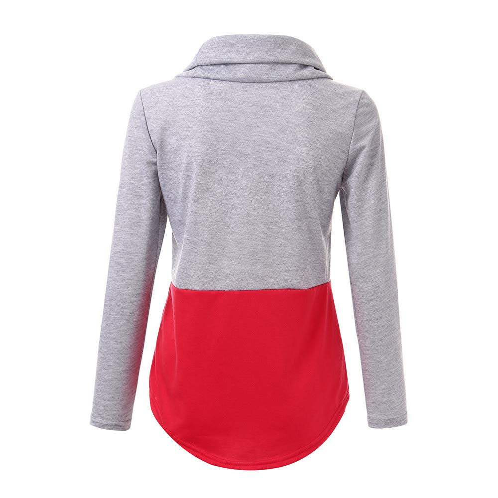 Women Cowl Neck Color Block Long Sleeve Tunic Sweatshirt Pullover Tops Turtleneck Patchwork Shirt Blouse Top Red