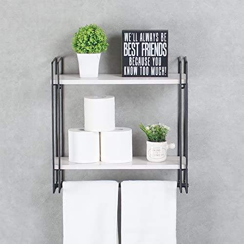 Industrial Bathroom Shelves with Towel Bar,24 inch Rustic Racks for Bathroom,2 Layers Farmhouse Rack Over Toilet,Pipe Wall Mounted,Home Decor Floating Holder (White)