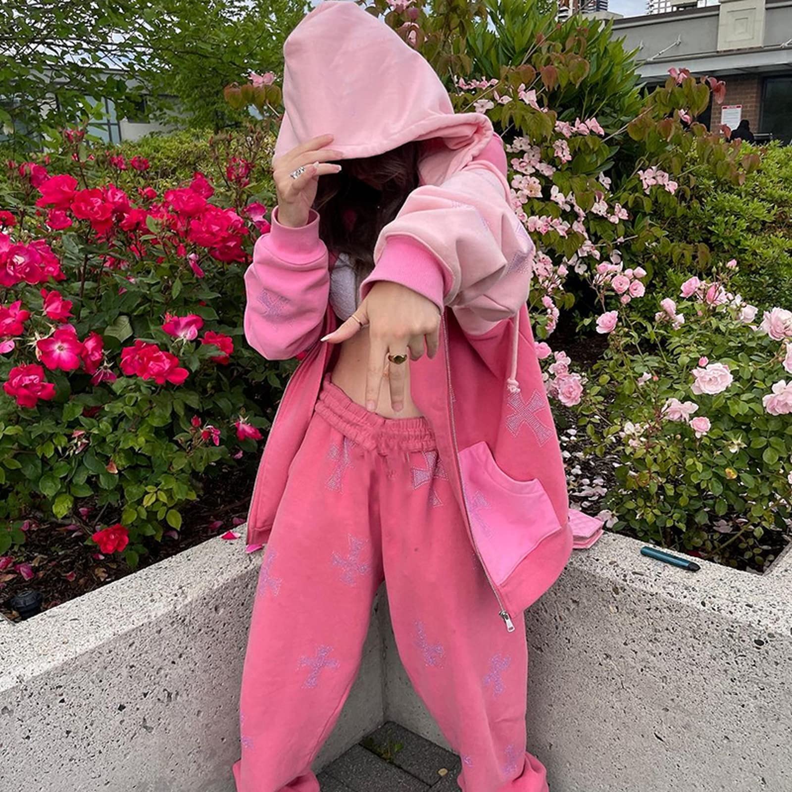 Creaion Rhinestone Graphic Zip Up Hoodies for Women Oversized Y2k Sweatshirt Jacket E-Girl 90s Pullover Streetwear