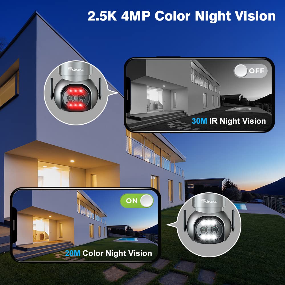 Ctronics 4MP Dual Lens Security Camera Outdoor WiFi 4 Pack, 2.4/5GHz WiFi Camera with 6X Hybrid Zoom, 360° PTZ Surveillance IP Camera, Human Detection with Auto Tracking, Color Night Vision, IP66 690c