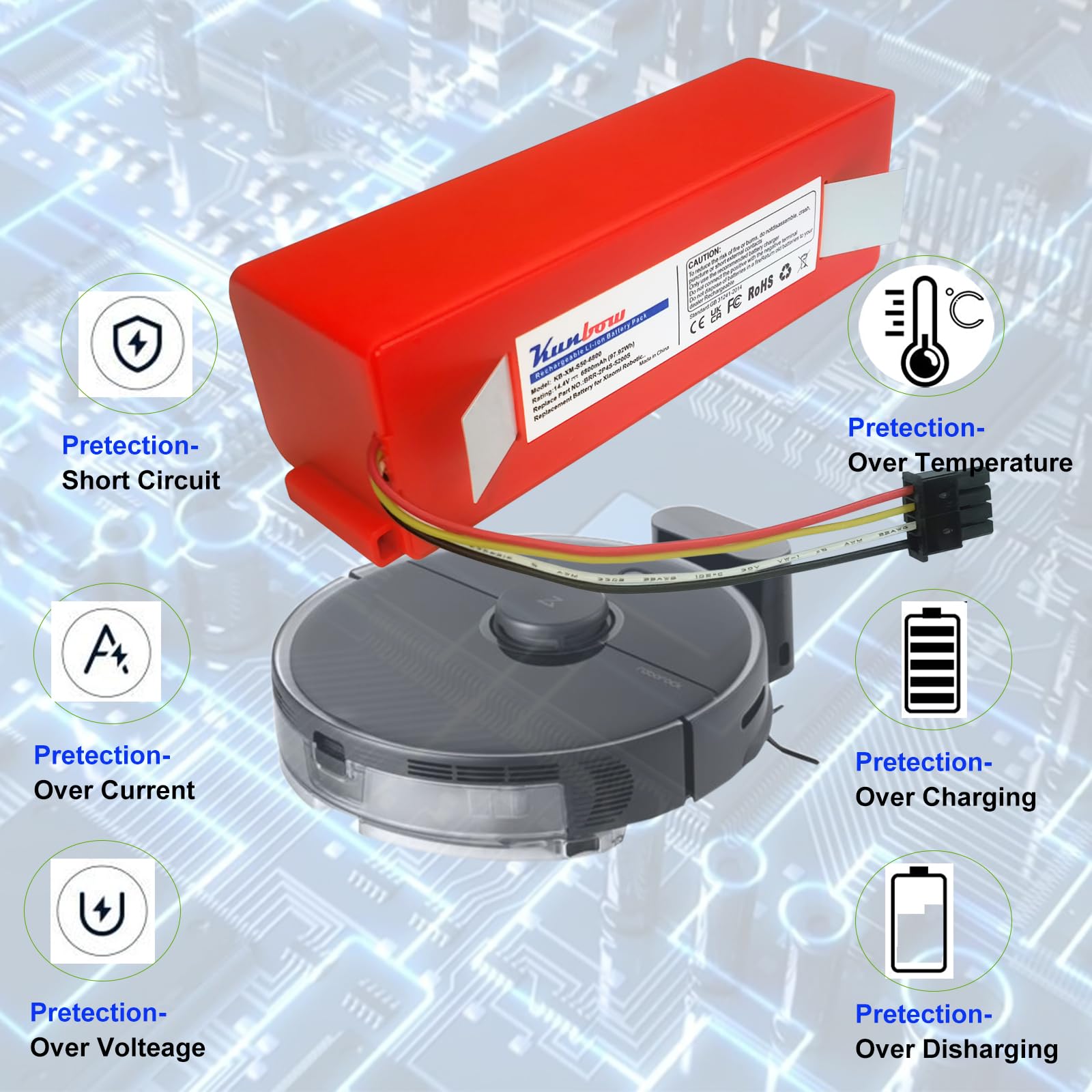 kunbow 6800mAh Li-ion Battery,Replacement Battery for Xiaomi Mi Robot,Mijia 1. and 2. Generation,Mijia Roborock S4,S5,S6,S7,Mijia Roborock S50,S51,S55,S60,E201 Vacuum Cleaner (14.4V/97.92Wh)