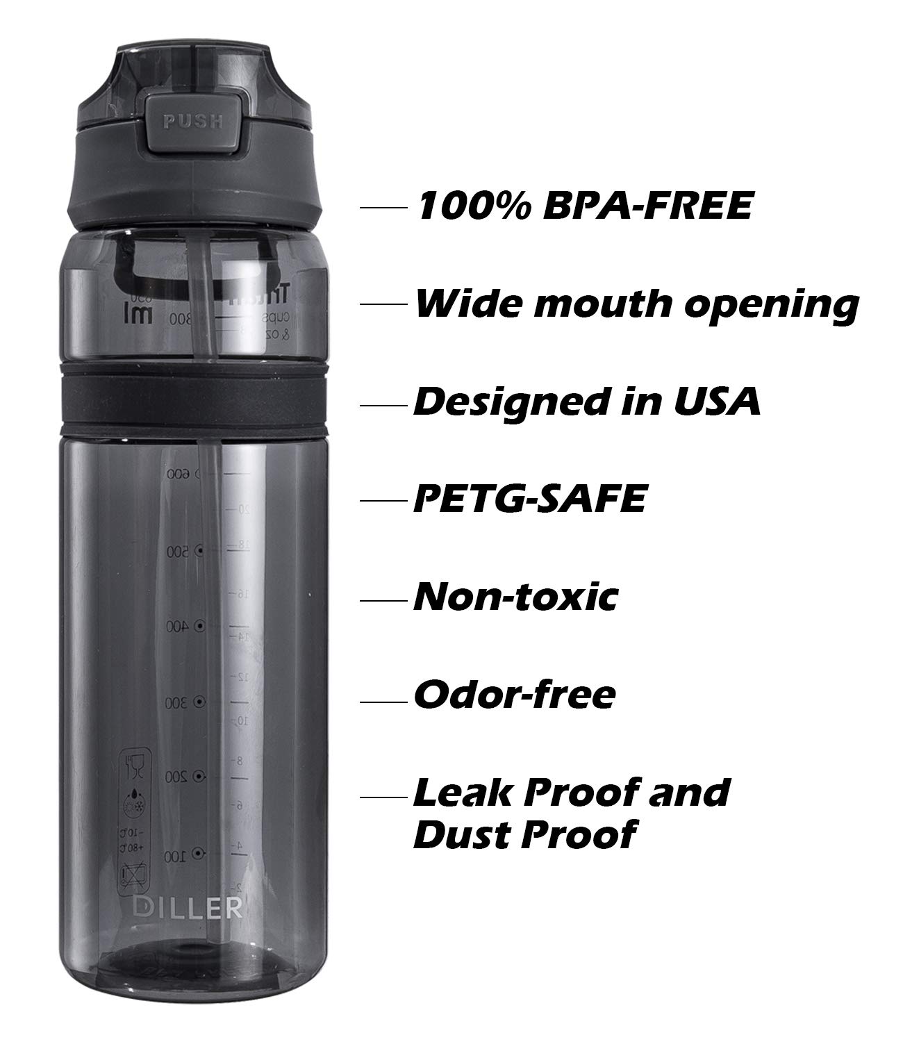 Diller Water Bottle with Straw, 28 or 18 oz BPA Free Plastic Water Bottle with Leak Proof Flip Top Lid for Gym Camping Workouts Outdoors (Clear Green, 28 oz)