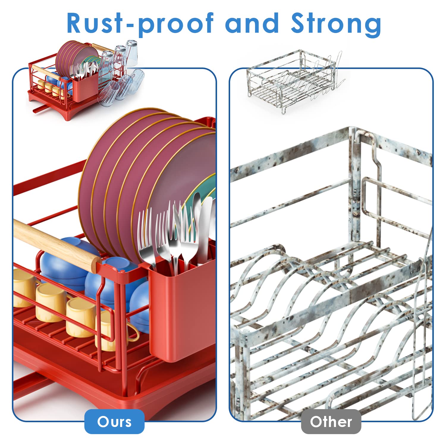 G-TING Dish Drying Rack, Dish Rack for Kitchen Counter, Rust-Proof Dish Drainer with Drying Board and Utensil Holder for Kitchen Counter Cabinet, 16.6” L× 12.6”W× 7.8”H, Bright Red
