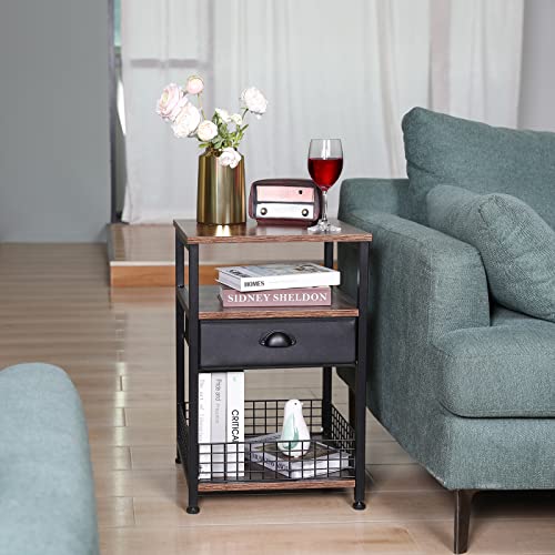 Industrial Nightstand, Bedside Table End Table with Storage Drawer, Open Wood Shelf, 16βx 16β Side Table with Adjustable Feet, for Bedside Sofa Couch, Living Room, Bedroom, Black and Brown