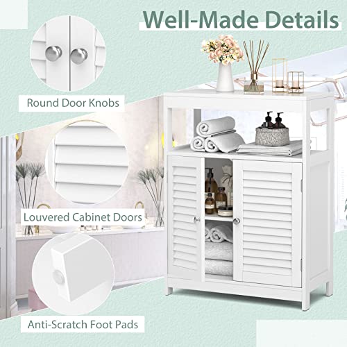 Tangkula Bathroom Storage Floor Cabinet, Free Standing Storage Cabinet with Double Shutter Doors and 3-Position Adjustable Shelves, Wooden Storage Cabinet Organizer for Bathroom, Living Room (White)