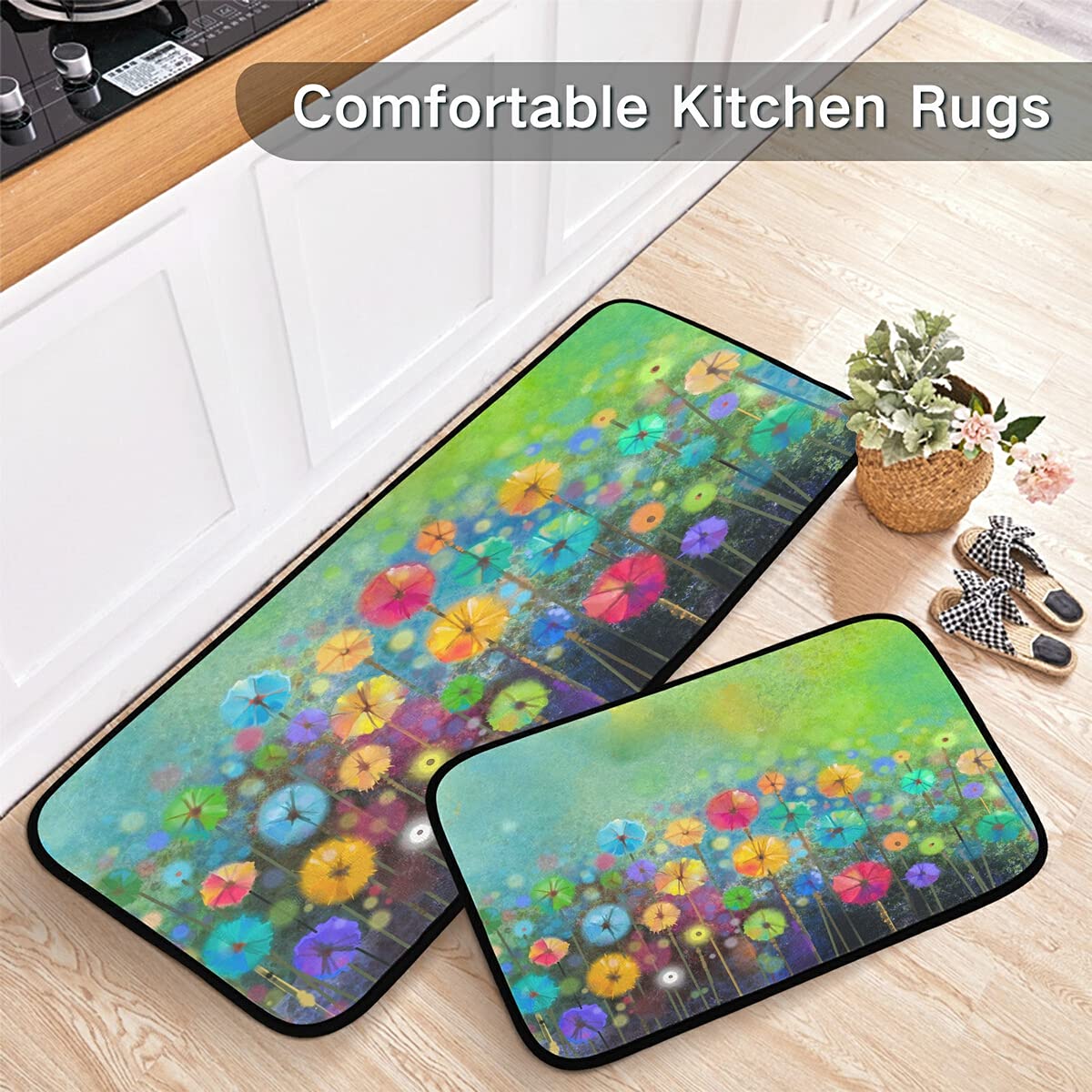 Emelivor Spring Kitchen Rugs and Mats 2 Piece Non Slip Washable Flower Runner Rug Set for Floor Rainbow Kitchen Decor and Accessories