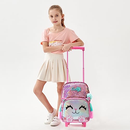 Meetbelify Rolling Backpack for Girls Cute Pink Cat School Backpack with Wheels Kids Sequin Roller Luggage for Elementary Kindergarten Students with Lunch Box Pencil Case for Girls 5-12 Years Old