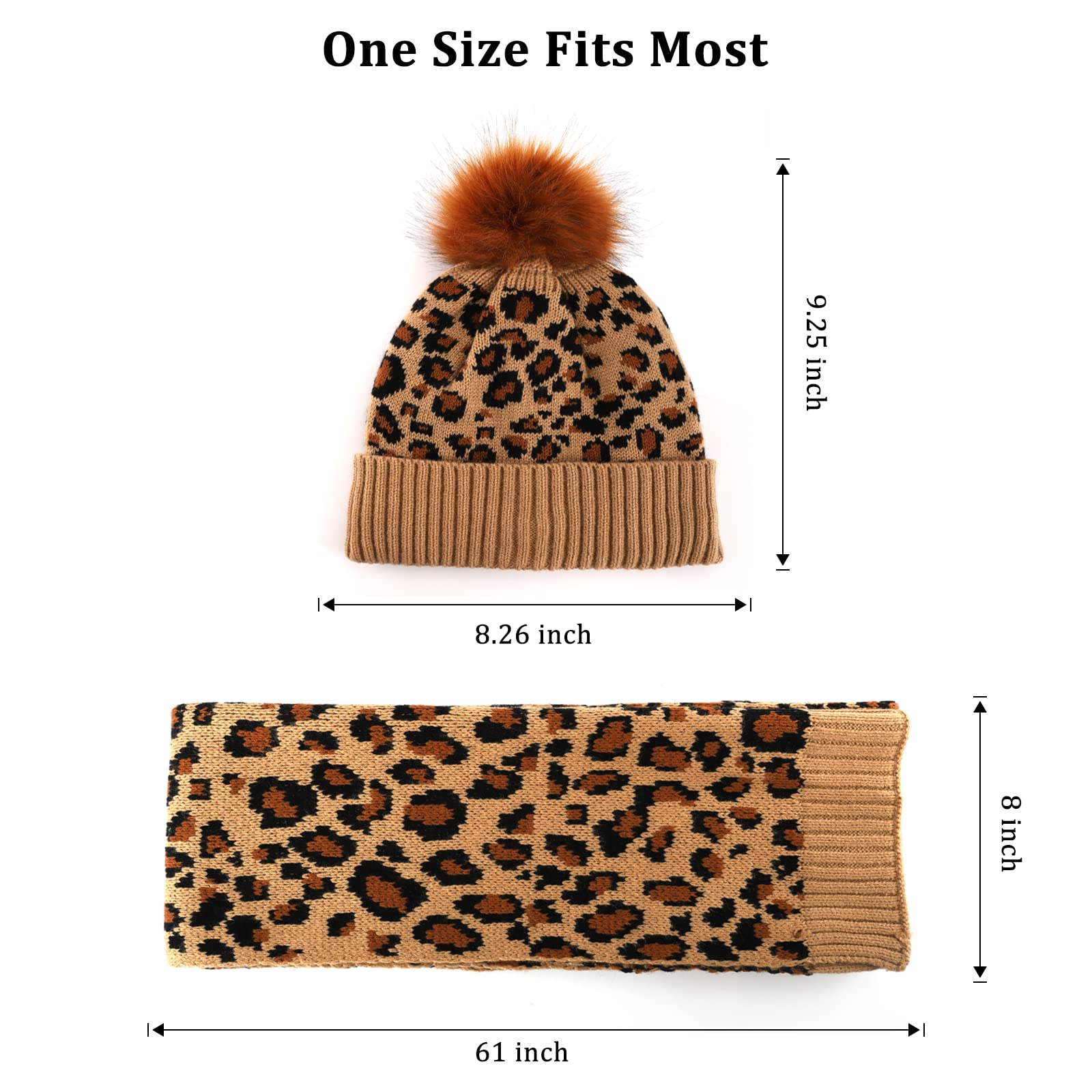 CNCHUROU Winter 3 in 1 Scarf Hat Glove Set for Women Beanie Hat Long Scarf Touch Screen Gloves Leopard Knitted with Pom