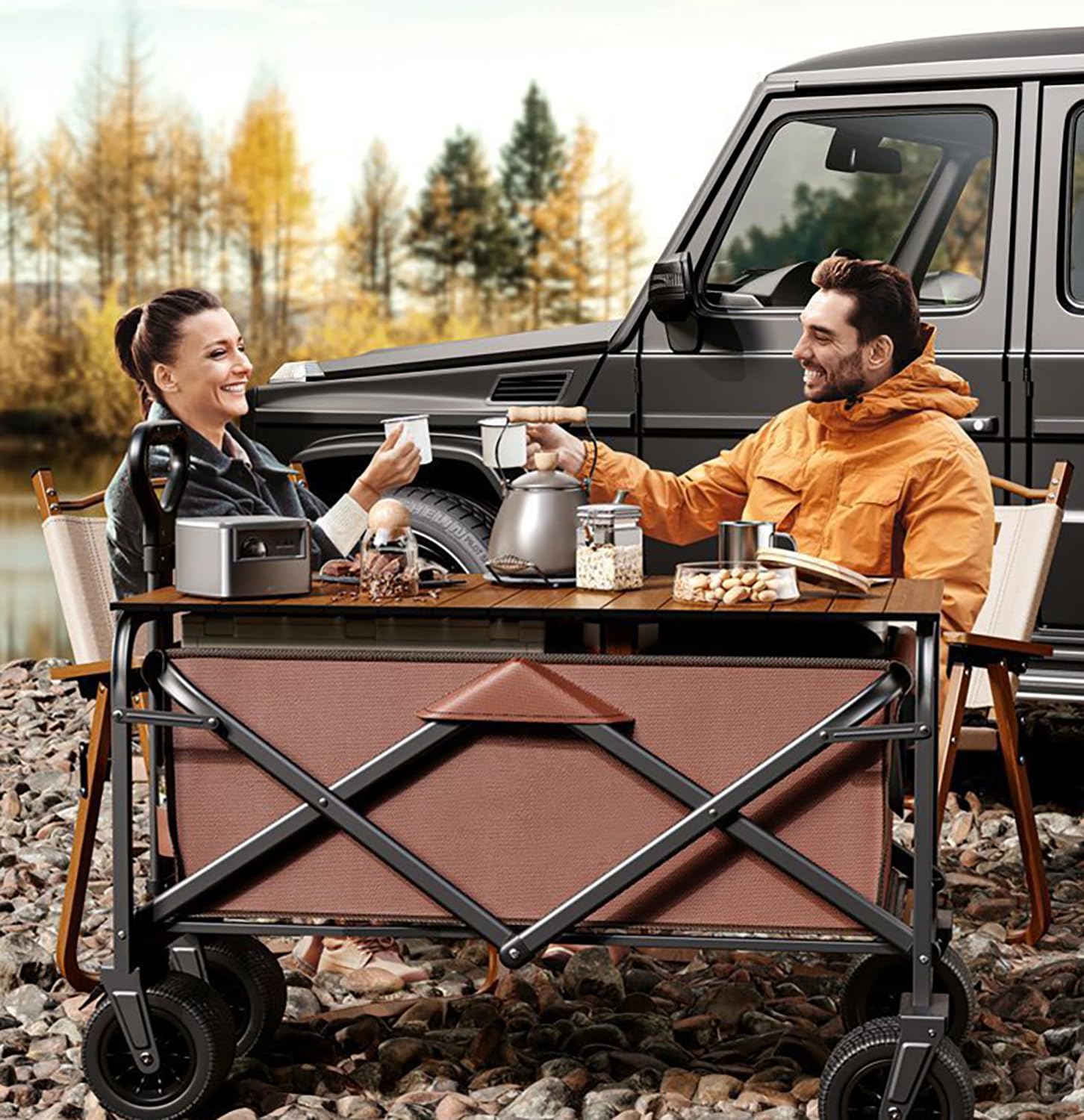 Collapsible Foldable Wagon with 440lbs Weight Capacity, Heavy Duty Folding Utility Garden Cart with Big All-Terrain Beach Wheels with Aluminum Table Plate