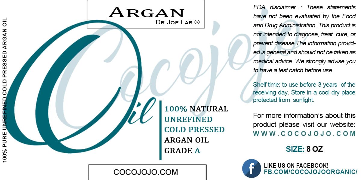cocojojo Argan Oil - Cold Pressed 8 oz 100% Pure Natural Extra Virgin Unrefined Grade-a Argan Moroccan Marrakesh Oil Moisturizer Hair Face Lips Body Scalp Skin