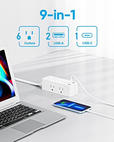 Flat Plug Power Strip - 6 Outlets 3 USB Ports (1 USB C) with 4.5ft Flat Extension Cord, Wall Mountable, Low Profile for Narrow Spaces in Kitchen Bedroom, Cruise Ship Travel Dorm Room Essentials