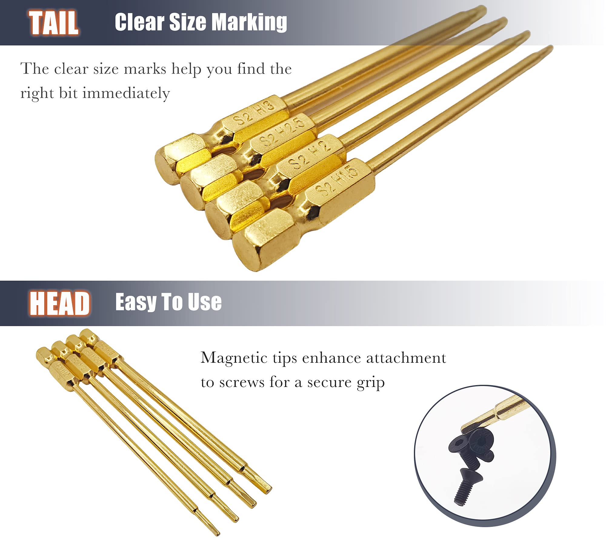 HOPLEX RC Hex Bit Set 1.5 2.0 2.5 3.0mm Hex Head Allen Wrench S2 Steel Titanium Hexagon Screwdriver Tool Kit 1/4" Hex Shank 3.9" Long for Bit Electric Screwgun/Power Drill RC Repair Working