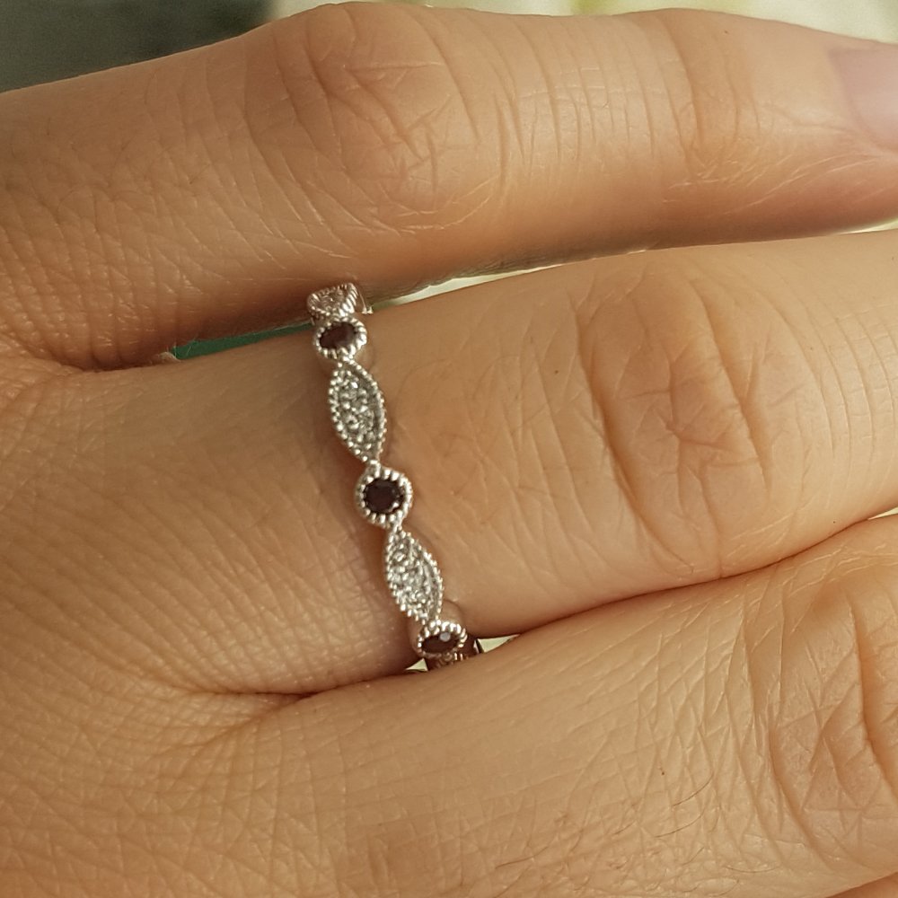 Dazzlingrock Collection Alternating Round Garnet & White Diamond 7 Stone Stackable Wedding Band Ring for Women in 14K White Gold, Size 7