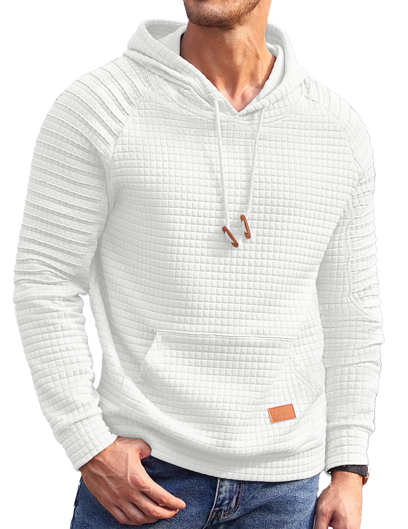 COOFANDY Men's Hoodies Pullover Pleated Long Sleeve Drawstring Knit Hooded Sweatshirt with Kanga Pocket, White, Large