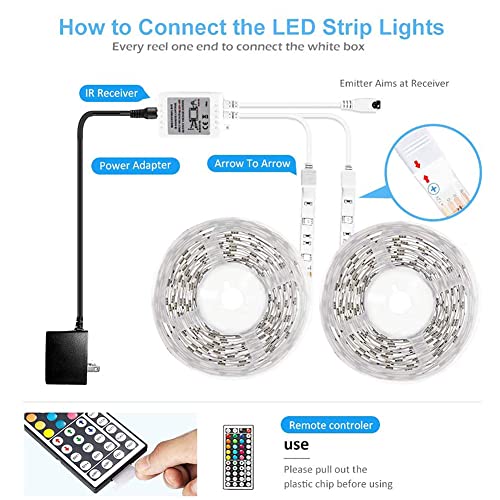 DAYBETTER Led Strip Lights Waterproof, 32.8ft(2 Rolls of 16.4ft) LED Tape Lights Color Changing 300 LEDs Light Strips Kit with 44 Keys Ir Remote Controller and 12v Power Supply for Indoor Outdoor Use